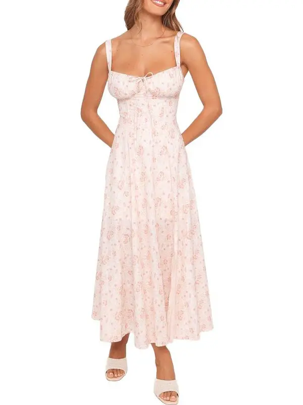 PETAL & PUP Floral Linen & Cotton Midi Dress - Peach Ditsy Floral