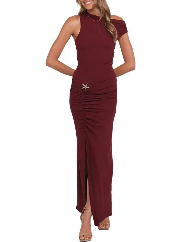 PETAL & PUP One-shoulder Maxi Cocktail Dress With Starfish Detail - Burgundy
