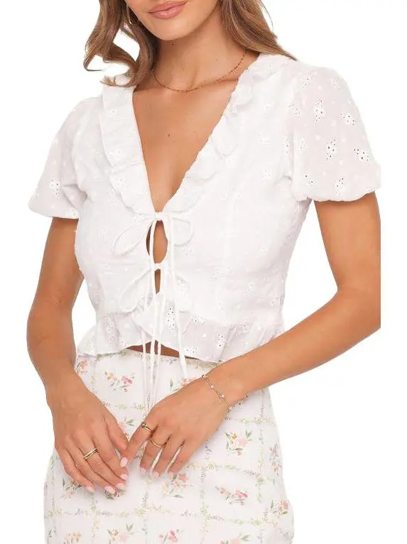 PETAL & PUP Andra Tie Front Puff Sleeve Crop Top - White Broderie
