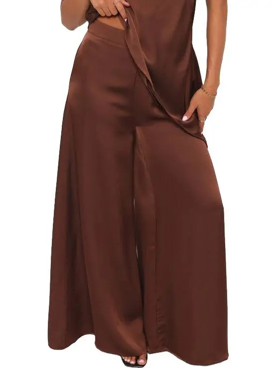 PETAL & PUP Charmer Wide Leg Satin Pants - Dark Brown