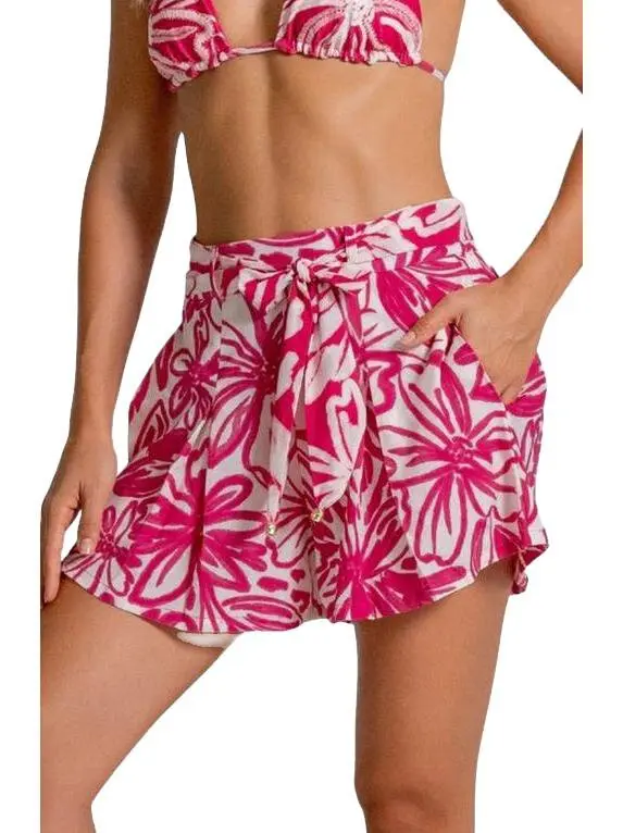 Cosita Linda Belted Floral Print Cover-up Shorts - Raspberry