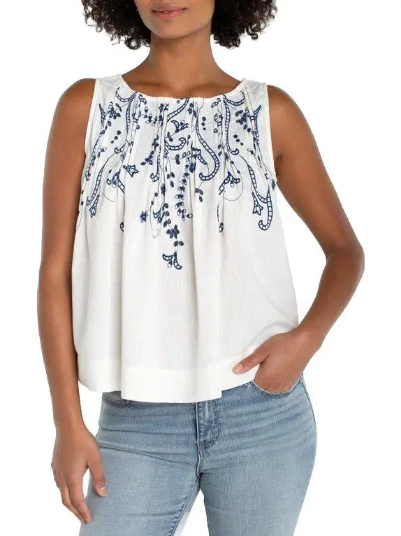 LIVERPOOL Embroidered Pintuck Cotton Top - Cream