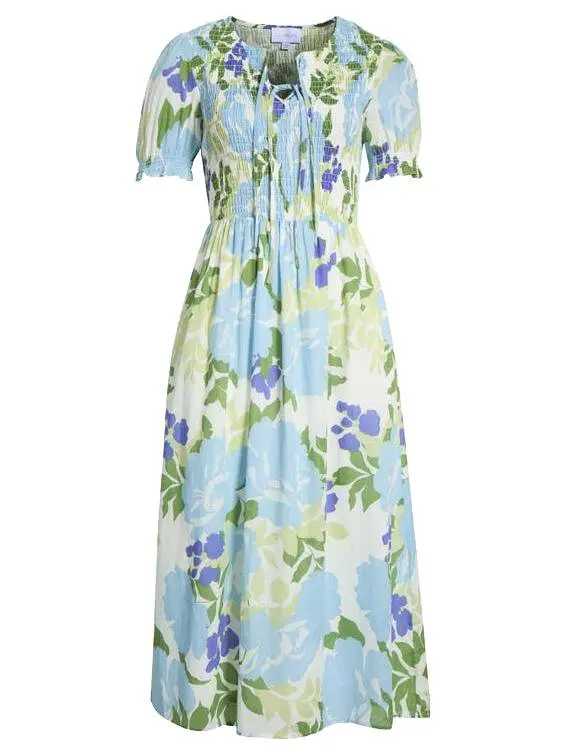 SUGARLIPS Tamry Smocked Midi Dress - Whte-blue-multi