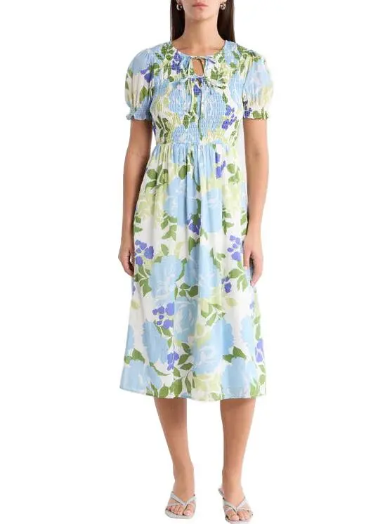 SUGARLIPS Tamry Smocked Midi Dress - Whte-blue-multi