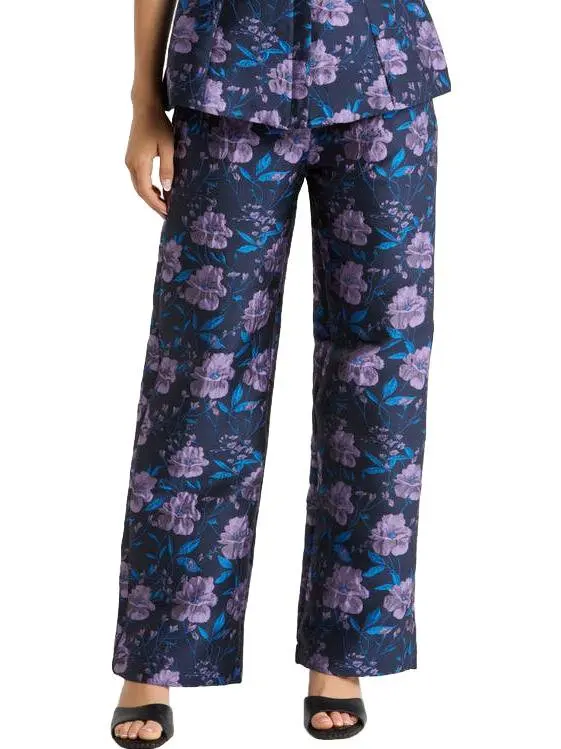 SUGARLIPS Floral Jacquard Wide Leg Pants - Navy-multi