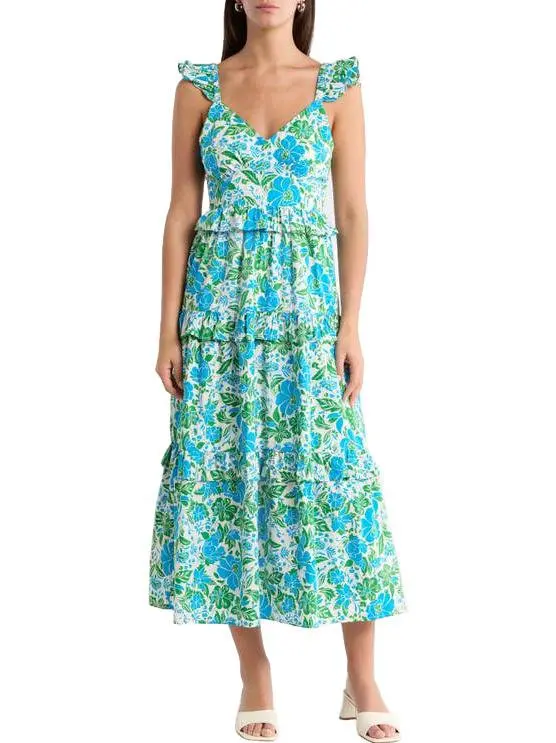 SUGARLIPS Floral Print Ruffle Maxi Dress - Blue-green-white