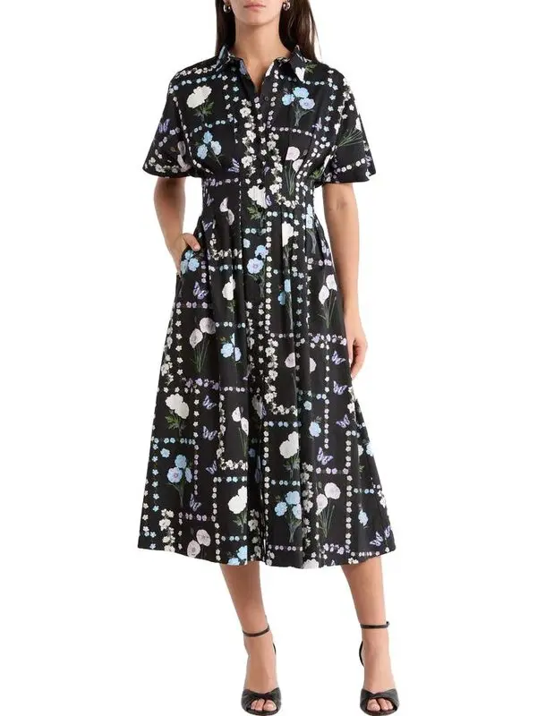 SUGARLIPS Floral Print Collared Midi Dress - Black-pastel