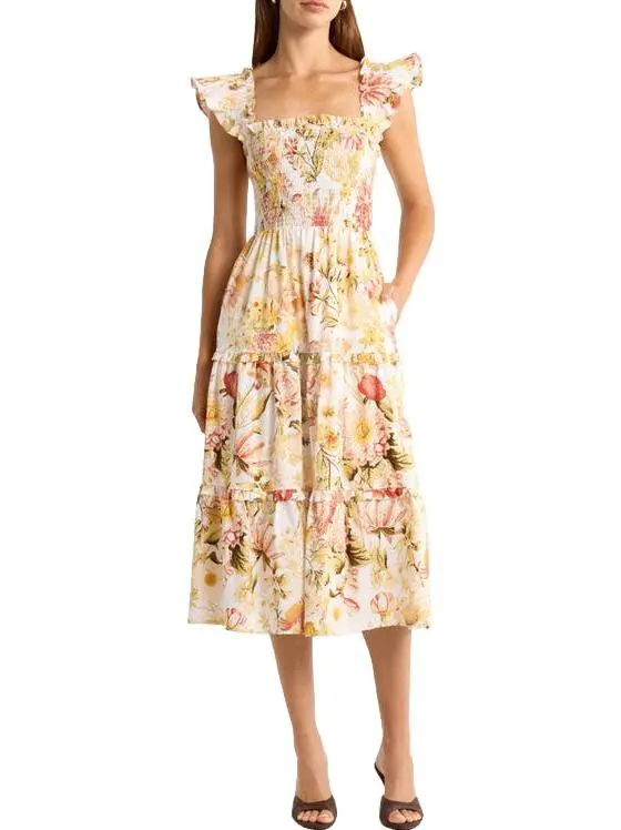 SUGARLIPS Floral Smocked Midi Dress - Ivory/coral Multi