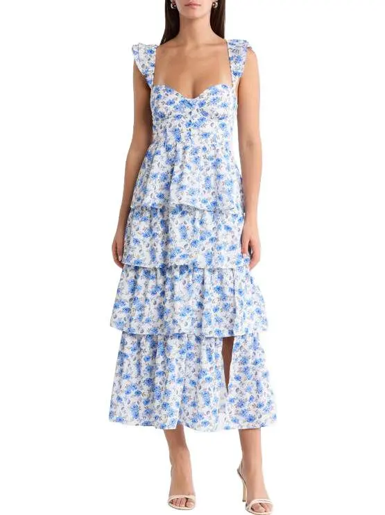 SUGARLIPS Tiered Midi Dress With Sweetheart Neckline And Ruffled Straps - White-blue