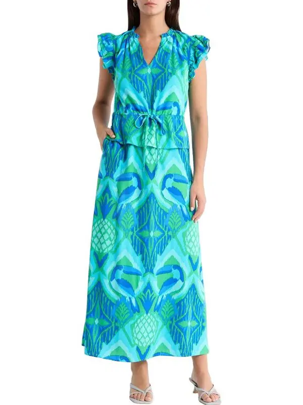 SUGARLIPS Tropical Print Ruffle Midi Dress - Kelly Blue