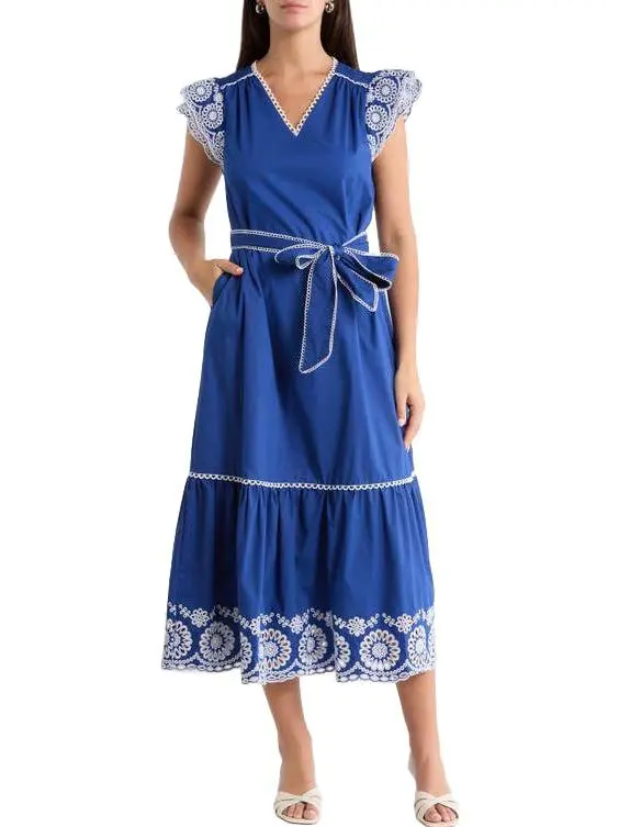 SUGARLIPS Embroidered Ruffle Maxi Dress - Navy-white