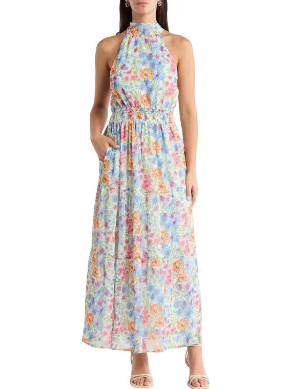 SUGARLIPS Garden Print Halterneck Maxi Dress - Blue-pink-yellow