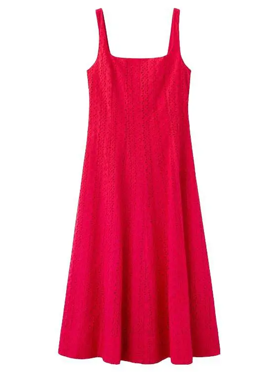 Mango Square Neck Cotton Eyelet Dress - Red
