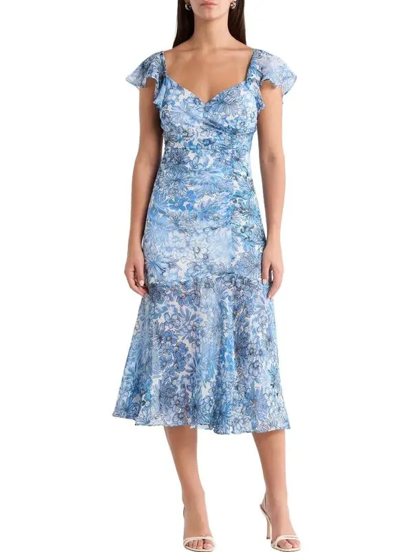 SUGARLIPS Floral Ruched Midi Dress With Sweetheart Neckline And Flutter Sleeves - Blues
