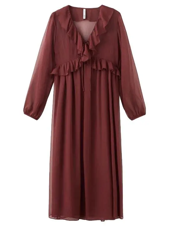 Mango Ruffle Trim V-neck Long Sleeve Maxi Dress - Brown