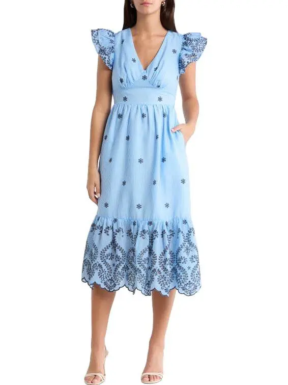 SUGARLIPS Striped Eyelet Midi Dress - Blue-white