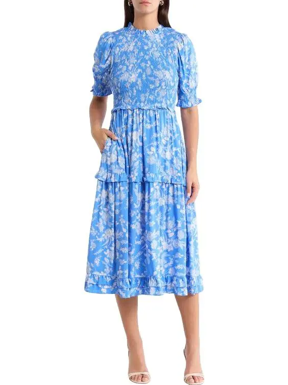 SUGARLIPS Odella Floral Smocked Midi Dress - Blue-white