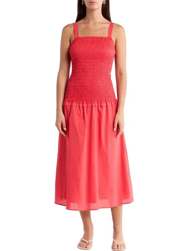 SUGARLIPS Railey Smocked Drop Waist Midi Dress - Red