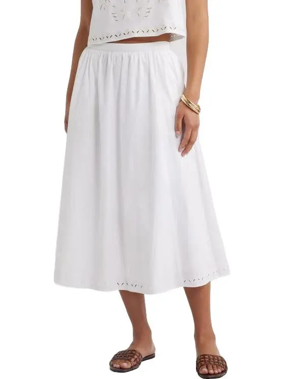 OPEN EDIT Embroidered Stretch Cotton Poplin Midi Skirt - White