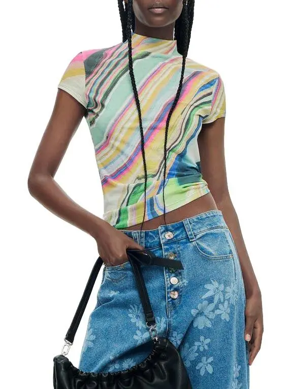 Desigual Artistic Stripe" Band Collar T-shirt - Water Green