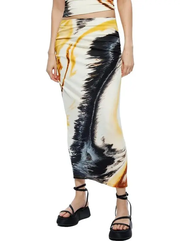 Desigual Abstract Print Ruched Midi Skirt - Yellow