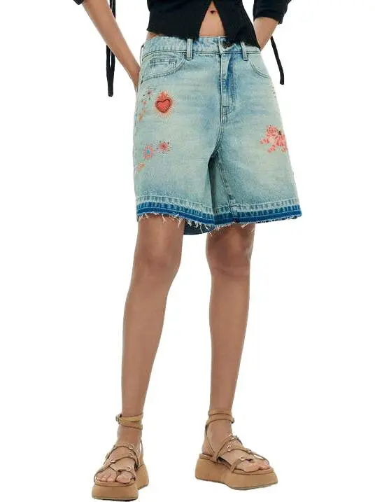Desigual Embellished Faded Denim Shorts - Light Blue