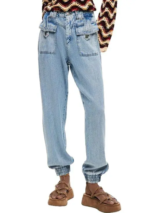 Desigual Elasticized Ankle Cuff Straight Leg Jeans - Light Blue