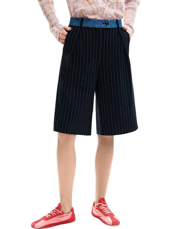 Desigual Pinstripe Wide-leg Shorts - Dark Blue