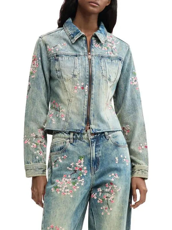 Desigual Embroidered Denim Trucker Jacket - Blue