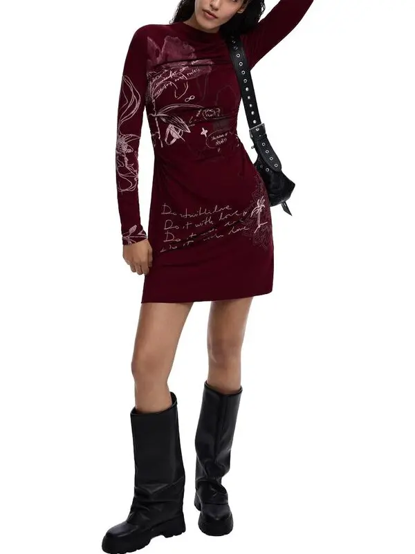 Desigual Allover Print Long Sleeve Mini Dress - Burgundy