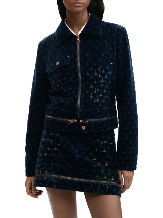 Desigual Flocked Heart Denim Trucker Jacket - Dark Blue
