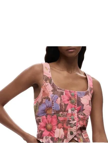 Desigual Floral Print Denim Crop Vest - Pink