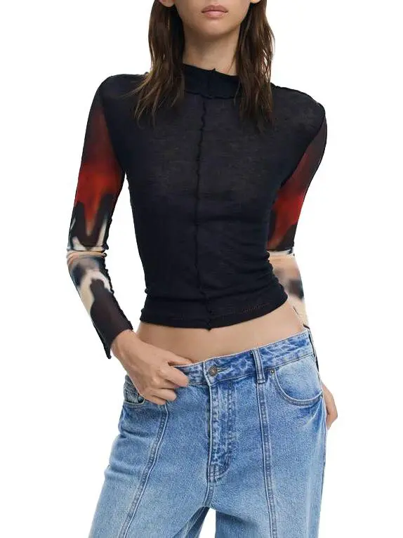 Desigual Long Sleeve Crop Top With Sheer Print Sleeves - Black