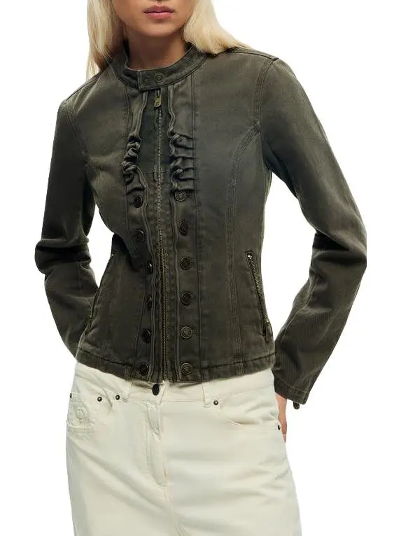 Desigual Ruffle Detail Zip-up Denim Jacket - Light Green