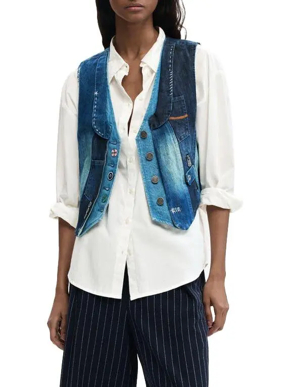Desigual Patchwork Denim Vest - Medium Blue