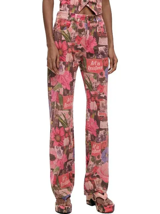 Desigual Patchwork Floral Print Straight Leg Jeans - Pink