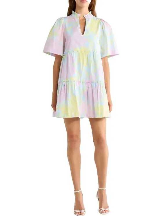SUGARLIPS Brisa Floral Dixie Tiered Cotton Dress - Light Blue/pink/yellow