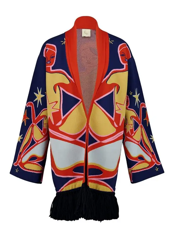 PAULA Toadstool Soulprint Jacquard Cardigan With Fringes - Blue