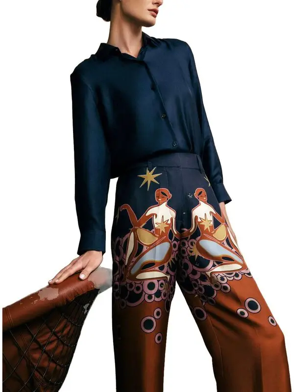 PAULA S Ibiza Sonia Soulprint Printed Silk Twill Wide Leg Trousers - Orange