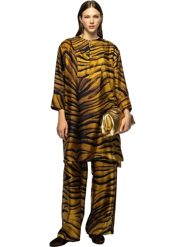 PAULA S Isla Tiger Stripe Printed Silk Twill Button-up Dress - Orange