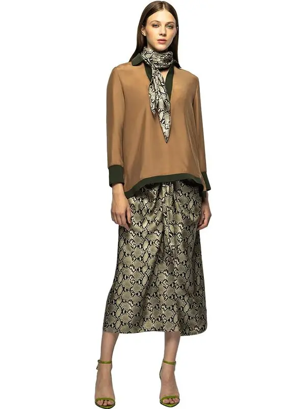 PAULA Diane Timberwolf Silk V-neck Long-sleeve Top - Brown