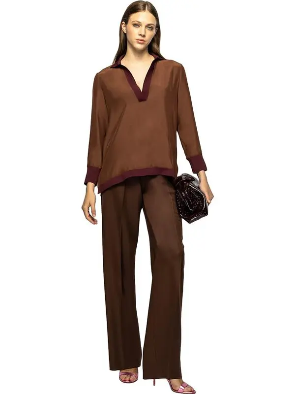 PAULA Diane Potting Soil Silk V-neck Long-sleeve Blouse - Brown