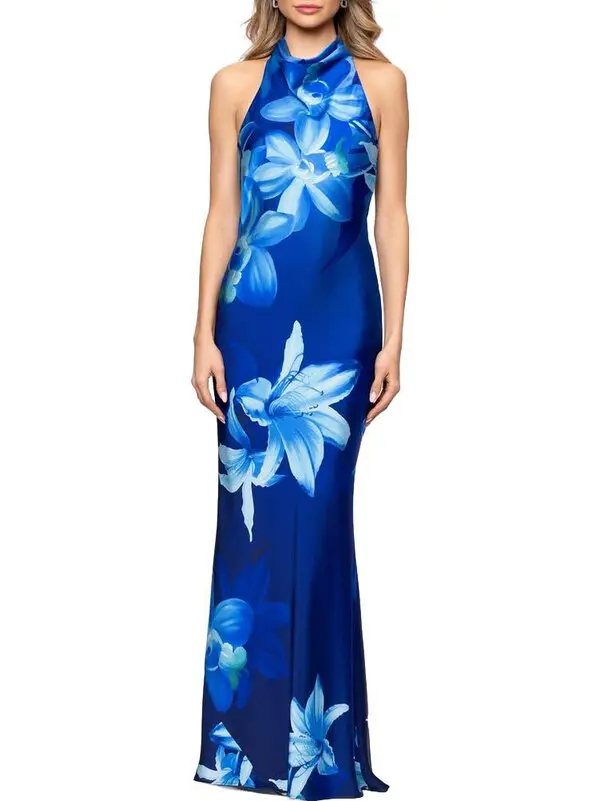 Betsy & Adam Floral Halter Neck Hammered Satin Gown - Blue/multi