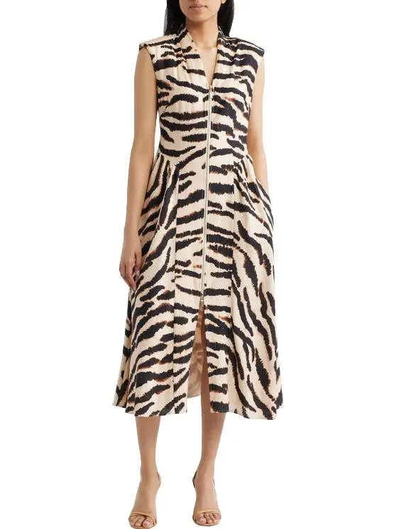 Vince Camuto Sleeveless V-neck Midi Dress With Zipper Detail - Black/beige Leopard Print