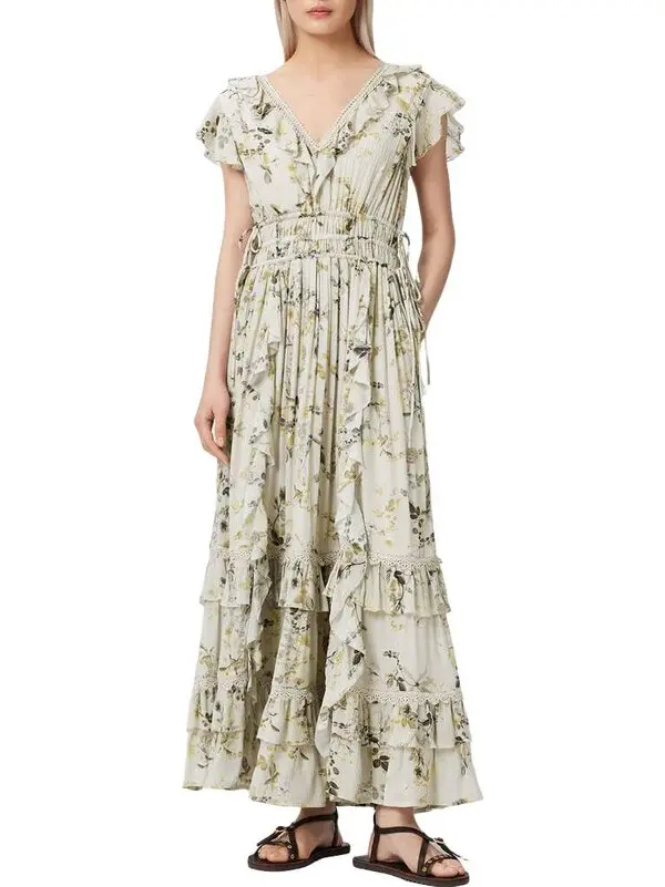 ALLSAINTS Canto Floral Ruffle Maxi Dress - Carmel Stem Green