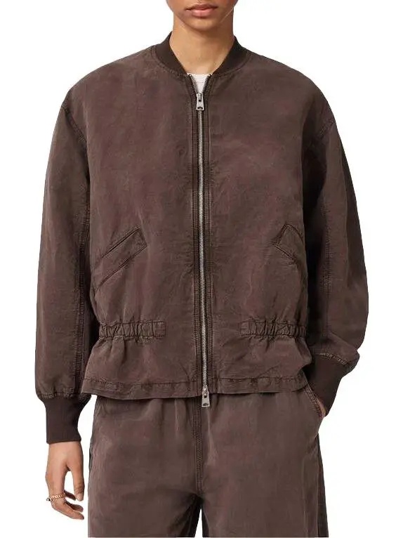 ALLSAINTS Sofi Bomber Jacket With Ruffled Hem - Plum Brown