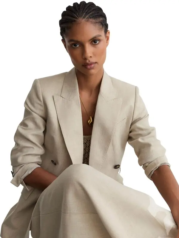 REISS Kit Linen Double-breasted Suit Blazer - Neutral