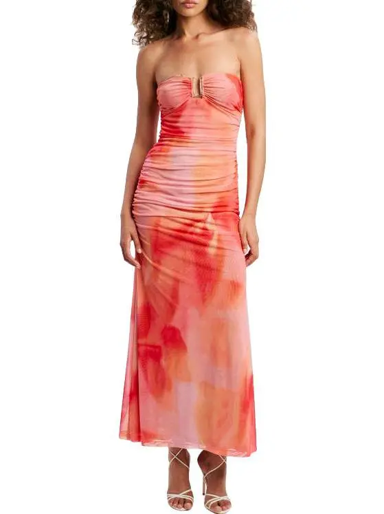 Bardot Stephanie Strapless Ruched Maxi Dress - Pink Floral