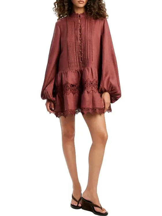 Bardot Antonia Lace Trim Linen Minidress - Chestnut