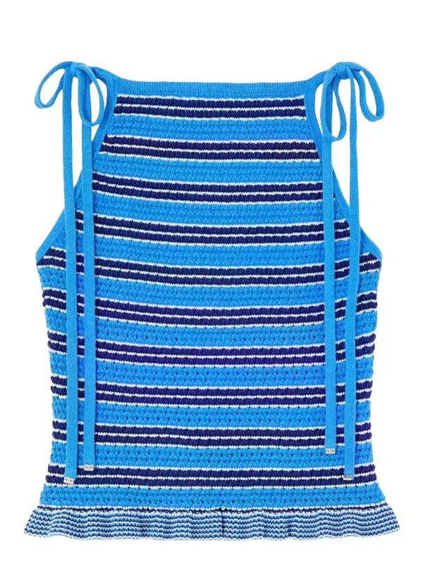 GANNI Striped Pointelle Knit Top - Blue